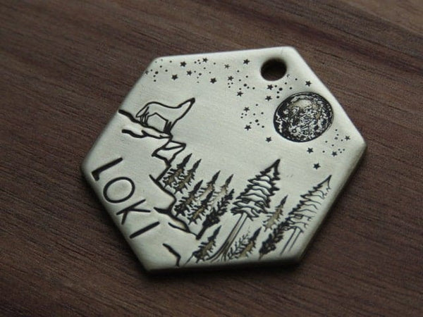 Loki howling wolf in nature themed Pet Dog Collar Tag - Personalised ...
