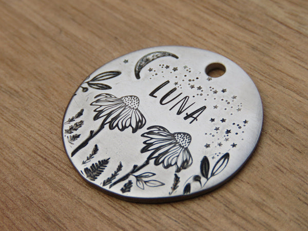 Luna with two flowers themed Pet Dog Collar Tag - Personalised metal ...